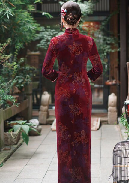 Vintage-Inspired Velvet Cheongsam Dress Floral Patterns - Qipao ...