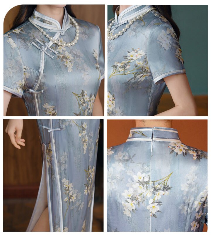 Elegant Vintage Blue Silk Cheongsam Embroidery Qipao Dress - Qipao ...