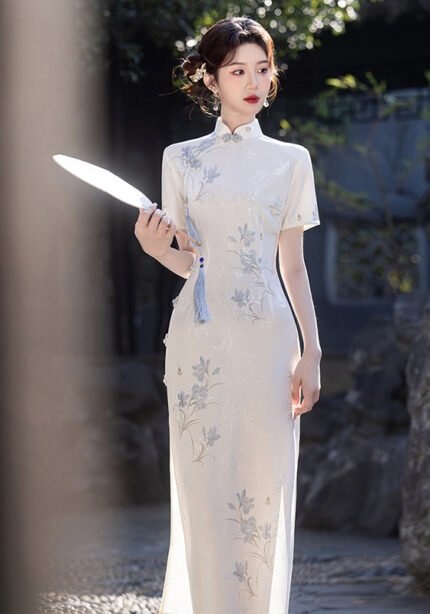 Elegant Ivory Mid-Length Cheongsam Embroidery Dress - Qipao Cheongsam ...