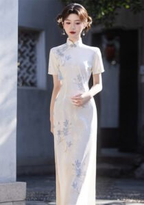 Elegant Ivory Mid-Length Cheongsam Embroidery Dress - Qipao Cheongsam ...