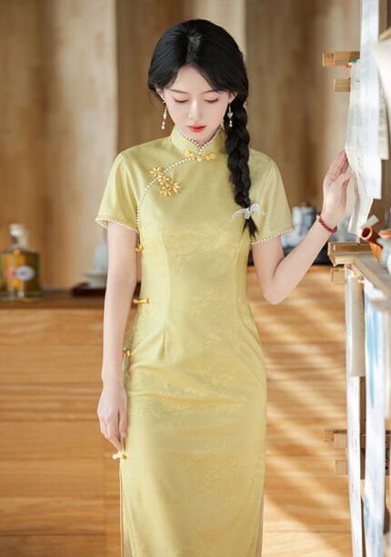 Vintage Yellow Cheongsam Dress Traditional Chinese Qipao