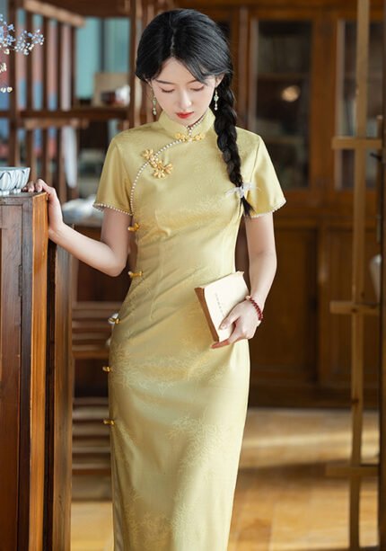 Vintage Yellow Cheongsam Dress Traditional Chinese Qipao
