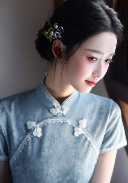 Vintage Light Blue Floral Embroidery Cheongsam Dress - Qipao Cheongsam ...
