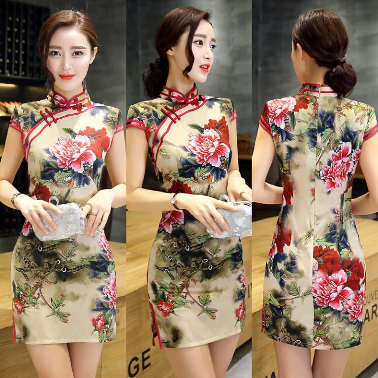 Elegant Floral Print Short Modern Qipao Dress - Qipao Cheongsam Dresses ...