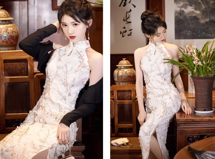 Elegant White Floral Halter Cheongsam Dress - Qipao Cheongsam Dresses ...